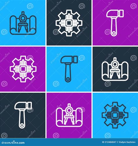 Set Line Graphing Paper And Compass Hammer And Processor Icon Vector Stock Illustration