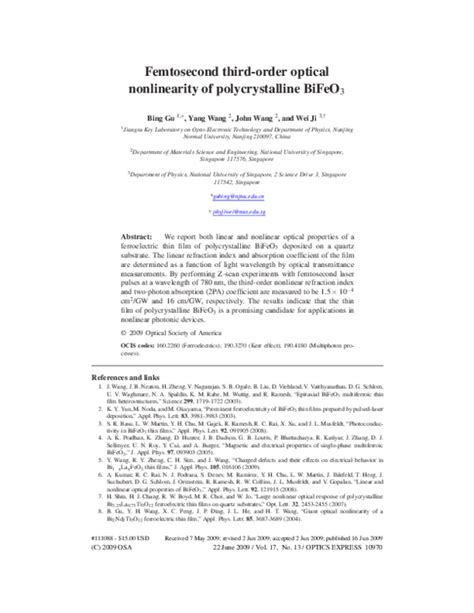 Pdf Femtosecond Third Order Optical Nonlinearity Of Bifeo3