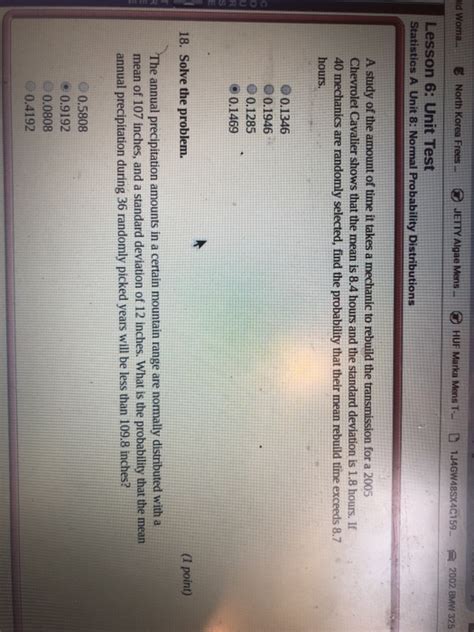 Solved Lesson 6 Unit Test Statistics A Unit 8 Normal Chegg