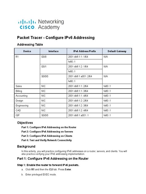 Packet Tracer Configure Ipv6 Addressing Pdf I Pv6 Data Transmission