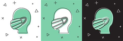 흰색과 녹색 검은 색 배경에 격리 된 의료 보호 마스크 아이콘에 남자 얼굴을 설정합니다 격리 벡터 일러스트레이션 가능성에 대한