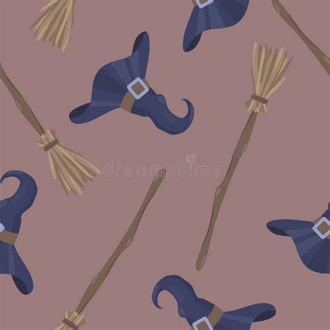 Halloween Seamless Pattern With Witch Hat And Broom Stock Illustration