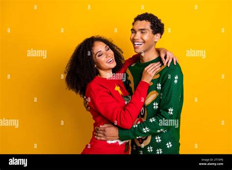 Photo Of Shiny Charming Lady Guy Wear New Year Ugly Print Sweaters