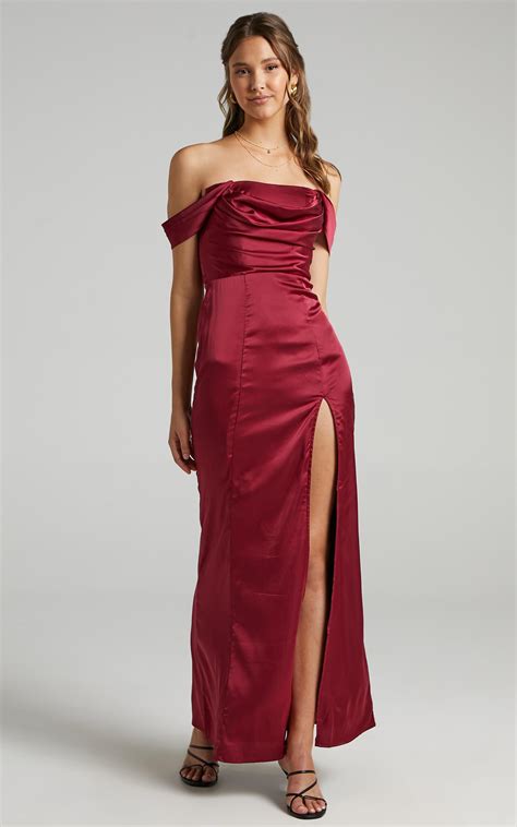Faye Off The Shoulder Maxi Dress In Wine Satin Showpo