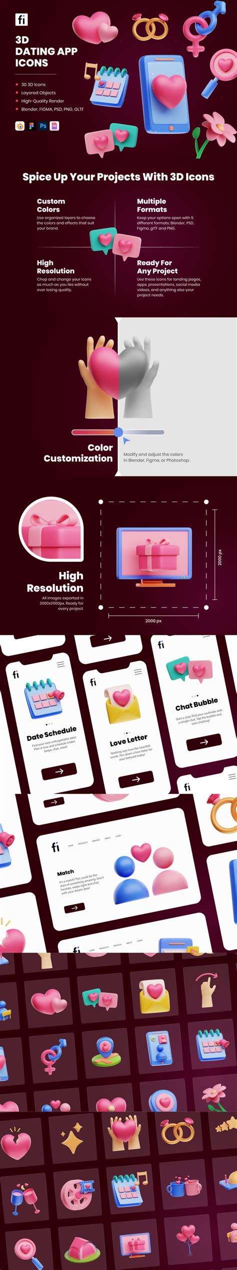 3d Dating App Icon Set Flat Icons