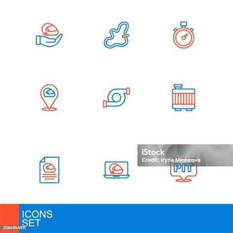 라인 피트 스톱 레이싱 헬멧 자동차 라디에이터 냉각 시스템 자동차 터보차저 자동차 알로이 휠 및 타이밍 벨트 키트 아이콘을 설정합니다 벡터 교통수단에 대한 스톡 벡터 아트