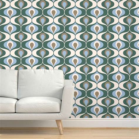 Retro 70s Ogee Ovals Pine Green Brown Sky Blue Mcm Peel And Stick
