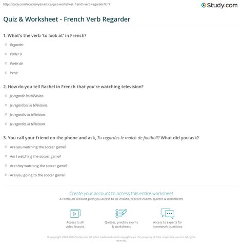 Quiz And Worksheet French Verb Regarder
