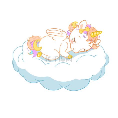 魔术可爱的独角兽在卡通风格涂鸦独角兽睡在云上卡片海报儿童T恤印花纺织品设计的矢量插图 素材图片免费下载 千库网