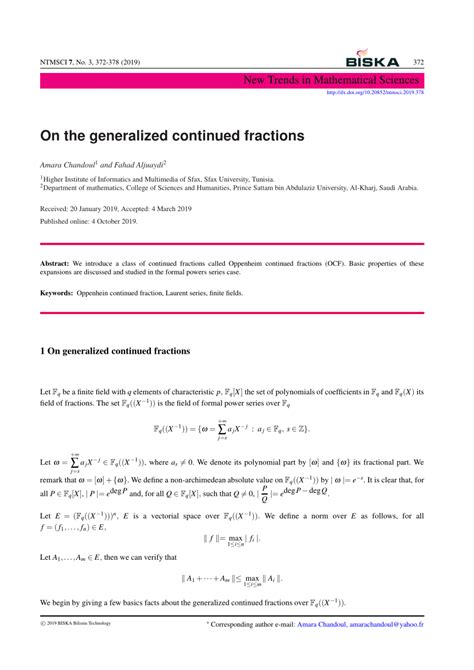 Pdf On The Generalized Continued Fractions