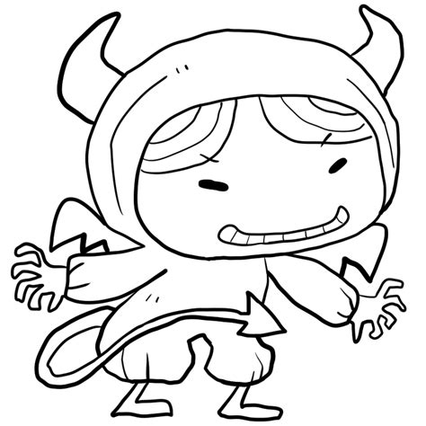 悪そうな笑顔の悪魔の子のぬり絵イラスト｜かわいい無料イラスト