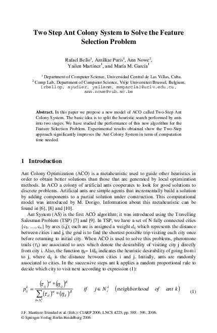 Pdf Two Step Ant Colony System To Solve The Feature Selection Problem