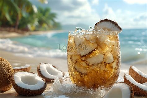 해변에서 코코넛 물을 마신다