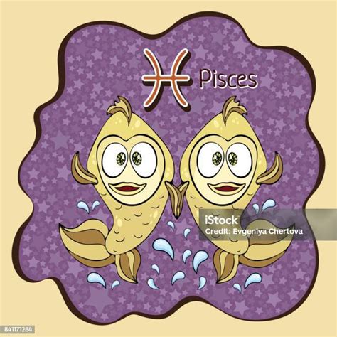 로그인 조디악 물고기 자리 점성술 문자 손으로 그리는 만화 재미 있는 물고기 추상 보라색 잉크의 형태로 프레임에서 그린 스타의 배경으로 자리 벡터 일러스트 레이 션 귀여운에