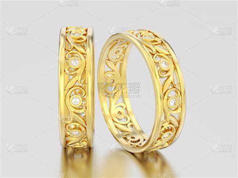 3d 插图二黄金色装饰婚礼带雕刻