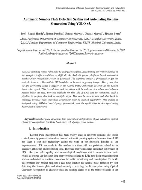 Automatic Number Plate Detection System And Automating The Fine Generation Using Yolo V3 Pdf