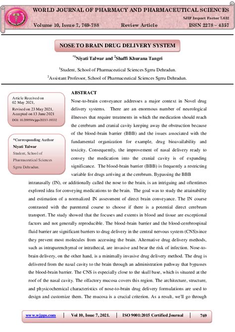 Pdf Nose To Brain Drug Delivery System