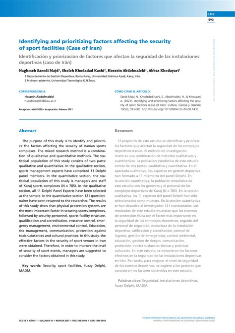 Pdf Identifying And Prioritizing Factors Affecting The Security Of Sport Facilities Case Of