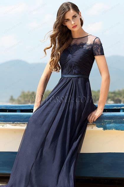 A Line Short Sleeves Navy Evening Dress Formal Gown 00160605 Edressit