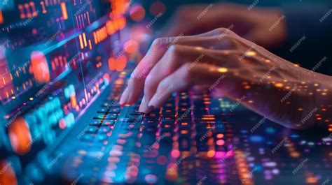 Hands Typing On Keyboard With Digital Hologram Screen Software Development Concept Premium Ai