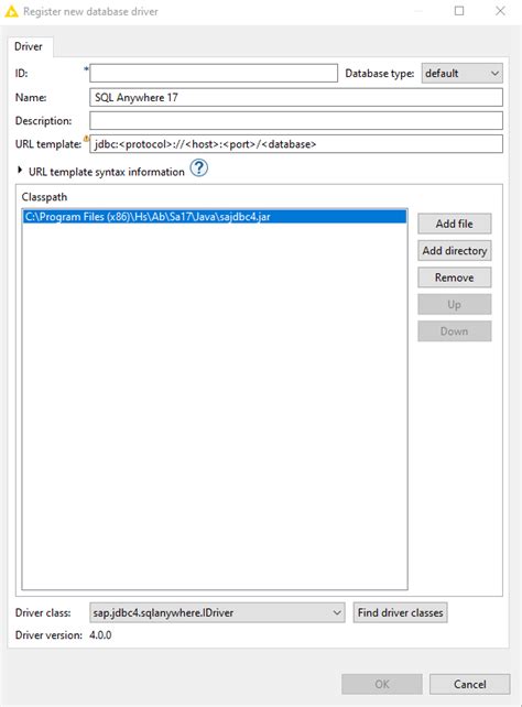 register new database driver sap jdbc4 sqlanywhere ldriver knime