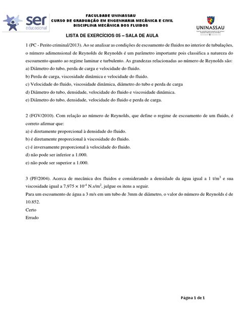 Lista De Exerccios 05 Sala De Aula Mecnica Dos Fluidos Pdf