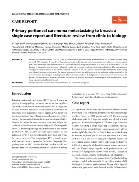 Pdf Primary Peritoneal Carcinoma Metastasizing To Breast A Single