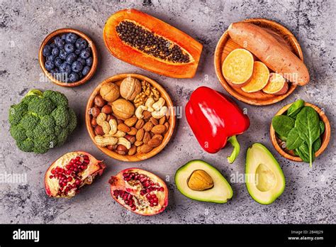 Anti Aging Food Healthy Fruits Vegetables Nuts Top View Stock