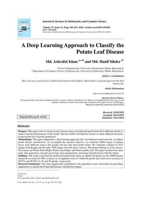 Pdf A Deep Learning Approach To Classify The Potato Leaf Disease