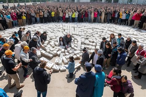 Premium Photo A Joyful Scene Of People Creating A Massive Domino Chain