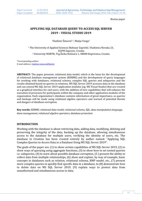 Pdf Applying Sql Database Query To Access Sql Server 2019 Visual