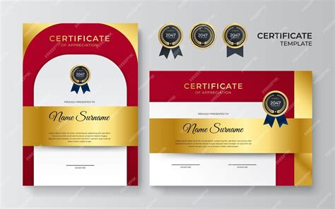 수상 졸업장 및 인쇄를 위한 현대적인 빨간색 인증서 템플릿 및 테두리 골드 배지와 테두리가 있는 빨간색과 금색 우아한 성취 인증서 템플릿 프리미엄 벡터