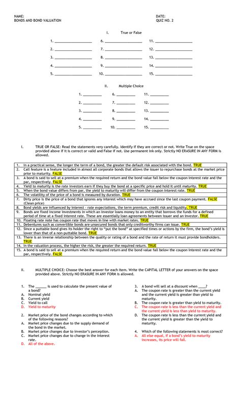Bonds Valuation Questionnaire With Answers Name Date Bonds And Bond