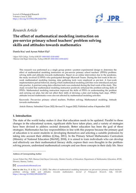 pdf the effect of mathematical modeling instruction on pre service