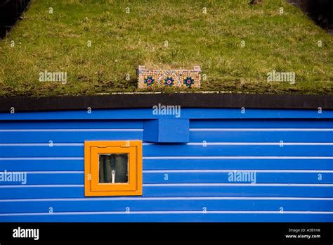 Colourful Houseboat With Grass Roof Amsterdam Holland Netherlands Stock