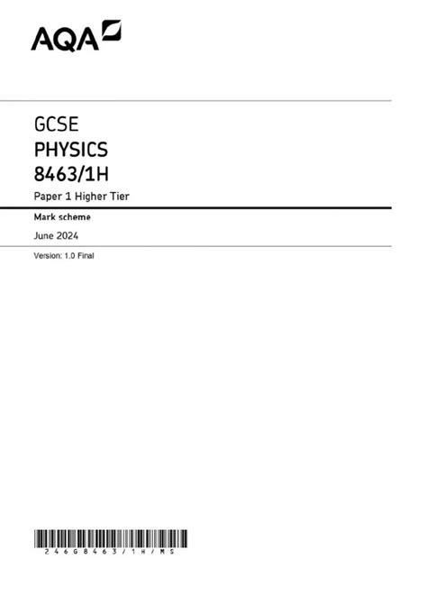 Gcse Aqa May 2024 Higher Triple Science Physics Paper 1 Mark Scheme Science Stuvia Uk
