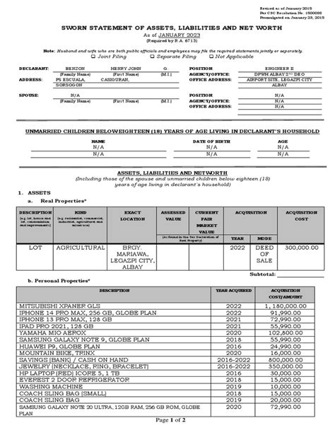 2015 Saln Form Pdf Pdf Net Worth