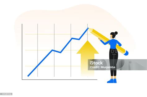 젊은 비즈니스 여성 또는 관리자는 큰 연필로 그래프를 그립니다 프로모션 동기 부여 상승 사업 목표를 달성하는 방법 증폭 경력 성장 분석 벡터 그림입니다 가공의 인물에 대한
