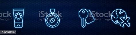 호텔 도어록 키 튜브에 있는 자외선 차단제 크림 나침반 글로브를 비행 비행기로 설정합니다 벽돌 벽에 빛나는 네온 아이콘 벡터 0명에 대한 스톡 벡터 아트 및 기타 이미지