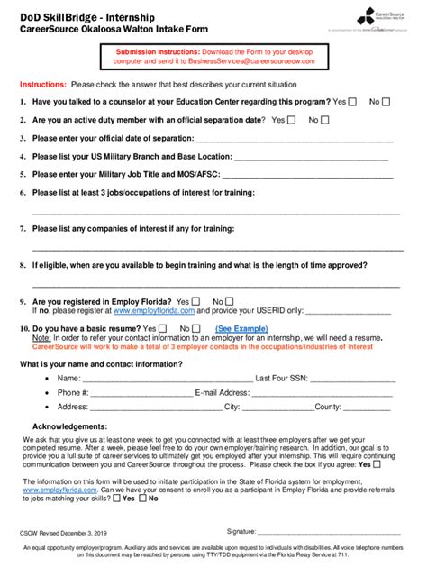 Fillable Online Dod Skillbridge Careersource Okaloosa Walton Intake
