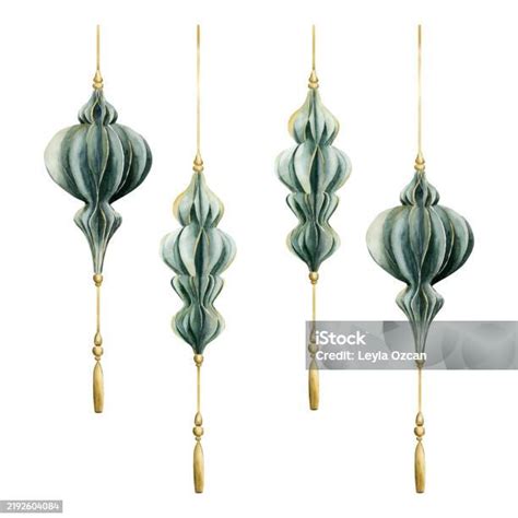 교수형 장식 청록색 세이지 블루 그린 종이 또는 나무 랜턴 수채화 손으로 그린 고립 된 그림 Eid Mubarak에 대한 스톡 벡터 아트 및 기타 이미지 Istock