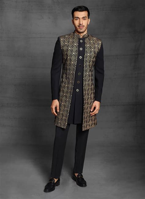 Buy Black Cotton Embroidered Indowestern Sherwani With Jacket Wedding