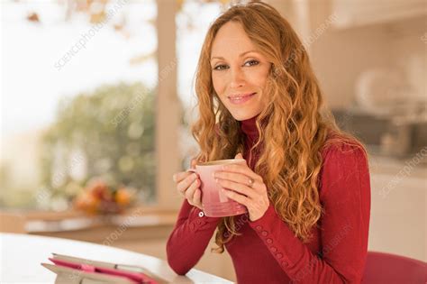 Portrait Smiling Woman Drinking Coffee Stock Image F0174624