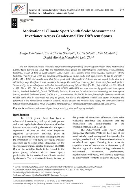 Pdf Motivational Climate Sport Youth Scale Measurement Invariance Across Gender And Five