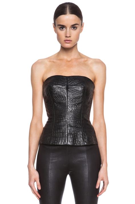 Yigal Azrouel Reptile Leather Bustier In Jet And Optic Fwrd