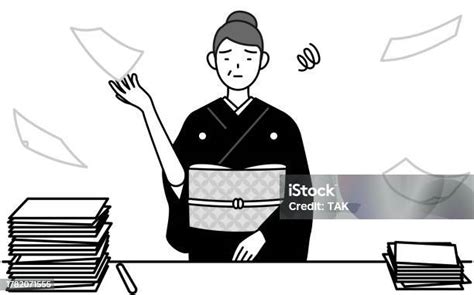 신년 인사와 결혼식 정리되지 않은 사업에 질린 기모노 차림의 선배 여성 Hatsumode에 대한 스톡 벡터 아트 및 기타 이미지