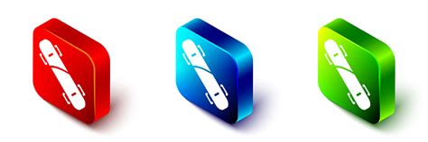 흰색 배경에 격리 된 등색 스케이트 보드 아이콘 익스트림 스포츠 스포츠 장비 빨간색 파란색 및 녹색 사각형 버튼 벡터 3차원