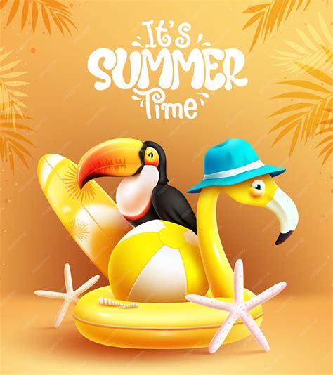 Premium Vector | Summer time text vector design Its summer time greeting with flamingo toucan ...