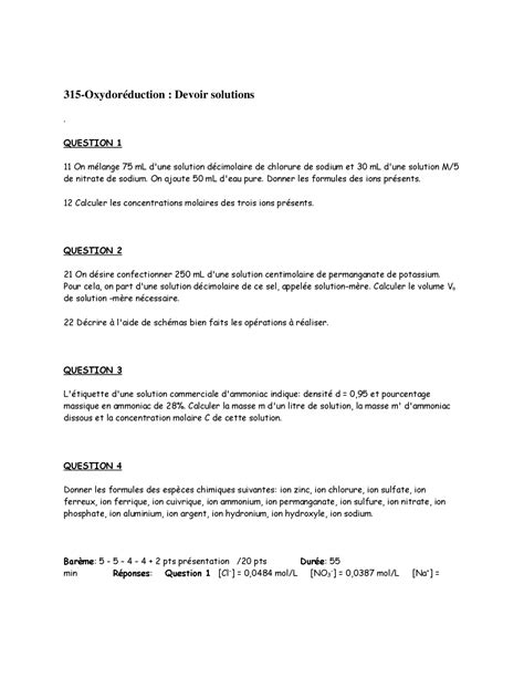 Exercices Sur Loxydoréduction Docsity