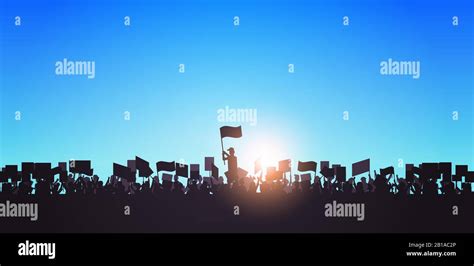 Silhouette Of People Crowd Protesters Holding Protest Posters Men Women